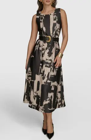 Abstract Print Belted Midi Dresses