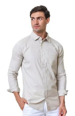 HOPE & HENRY Linen Short Sleeve Button Down Shirt Stone Solid