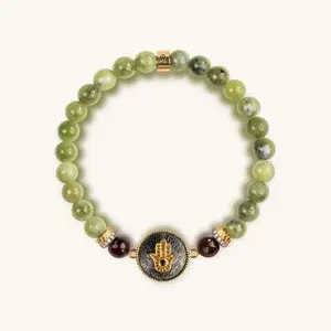 KARMA AND LUCK Jade And Garnet Hamsa Bracelet - Green/burgundy