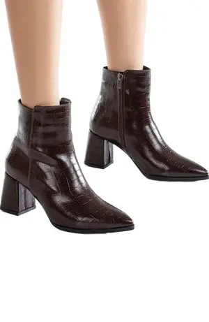 FOREVER & ALWAYS SHOES Lilith Croco Ankle Boots - Dark Brown Croco