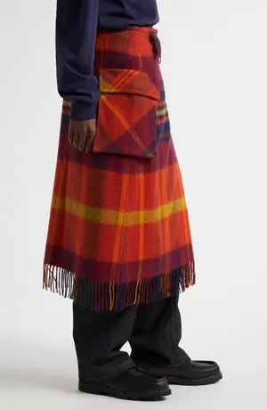 Nicholas Daley Plaid Wool & Mohair Fringe Wrap Kilt In Madras - 75