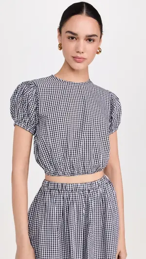 Playa Lucila Gingham Puff Sleeve Top - Black Gingham