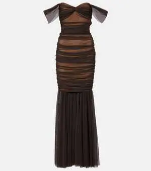 Brown Ruched Mesh Dresses