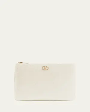 Valentino Garavani Vlogo Medium Leather Flat Pouch Bag - Light Ivory