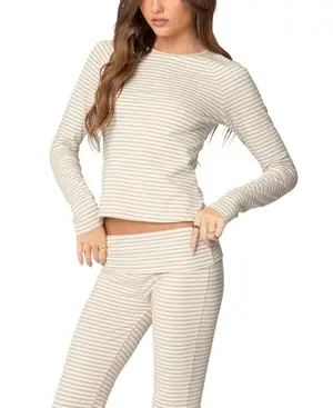 EDIKTED Kaeli Stripey Long Sleeve T-shirt - Beige