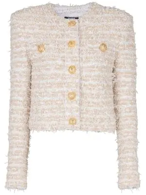 Balmain Cropped Tweed Jacket - Neutrals