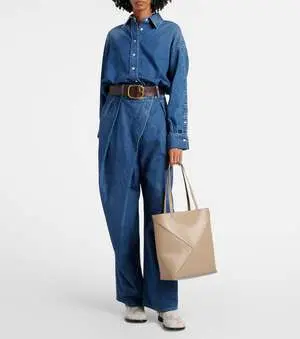 Loewe Puzzle Fold Medium Leather Tote Bag - Beige