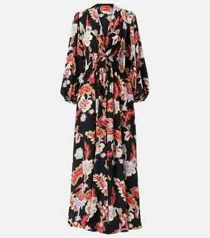 La DoubleJ Printed Shirred Silk Maxi Dress
