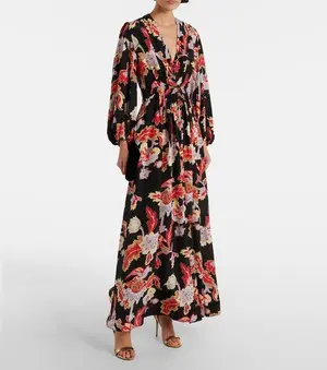 La DoubleJ Printed Shirred Silk Maxi Dress