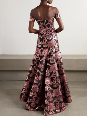 Etro Bardot Off-the-shoulder Metallic Brocade Gown - Pink