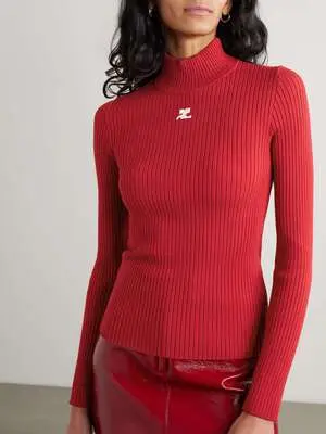 COURREGES Embroidered Ribbed-knit Sweater