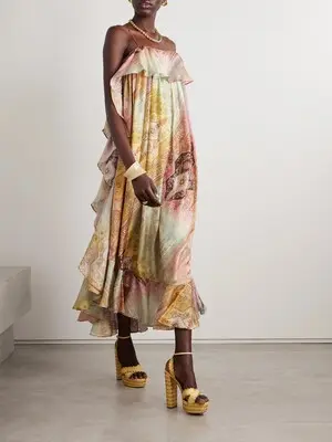 Zimmermann Tallow Ruffled Printed Silk Maxi Dress