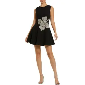 Mac Duggal Crepe Mini Dress With Rhinestone Flower - Black