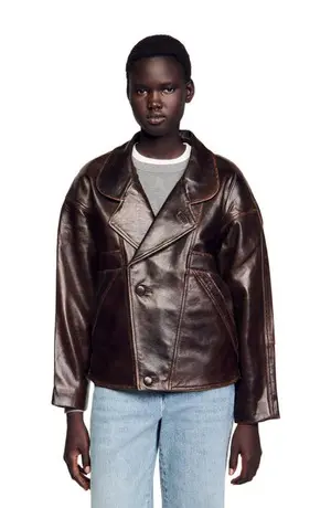 Sandro Oversized Leather Jacket - Brown