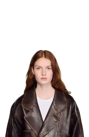 Sandro Oversized Leather Jacket - Brown