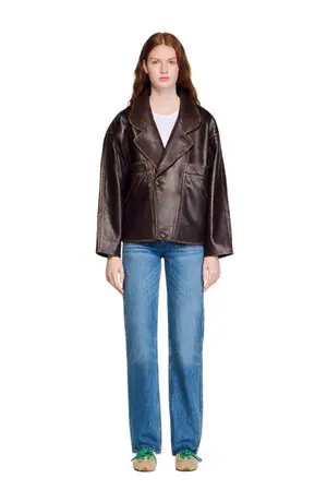 Sandro Oversized Leather Jacket - Brown