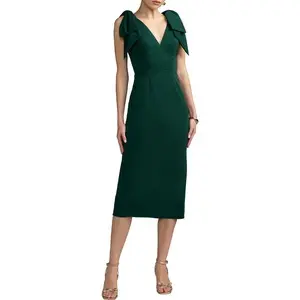 Mac Duggal Statement Bow Shoulder Crepe Midi Dress - Emerald
