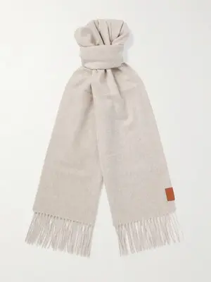 Loewe Logo-appliquéd Fringed Cashmere Scarf - Neutrals