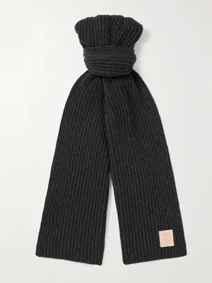 Loewe Logo-appliquéd Ribbed Cashmere Scarf - Black
