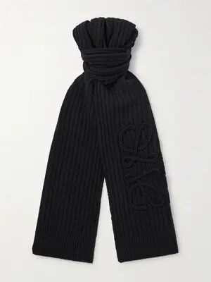 Loewe Anagram Embroidered Ribbed Wool Scarf - Black