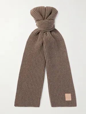 Loewe Logo-appliquéd Ribbed Cashmere Scarf - Brown