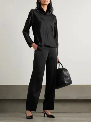 LESET Barb Draped Satin Blouse - Black