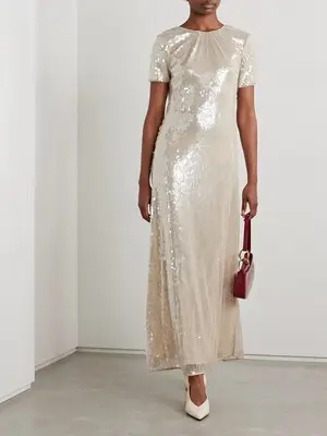 Staud Safi Gathered Sequined Tulle Maxi Dress