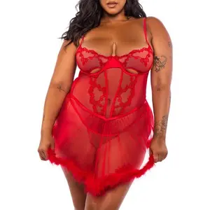 ROMA CONFIDENTIAL Baroque Heart Babydoll Chemise & Thong Set - Red