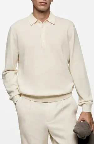 Mango Cashmere Polo Sweater - Ecru