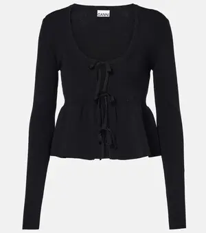 GANNI Ruffled Ribbed-knit Top - Black