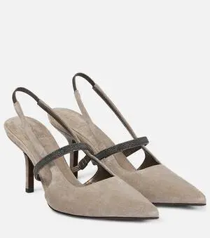 Brunello Cucinelli Monili Suede Slingback Pumps - Brown