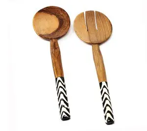 GLOBAL CRAFTS Olive Wood Serving Set With Batik Bone Handles - One-color