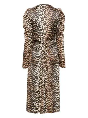 GANNI Leopard-print Ruched Midi Dress - Brown