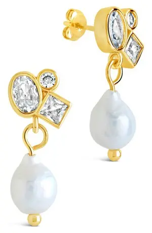 Sterling Forever Cubic Zirconia Cluster & Freshwater Pearl Drop Earrings - Gold