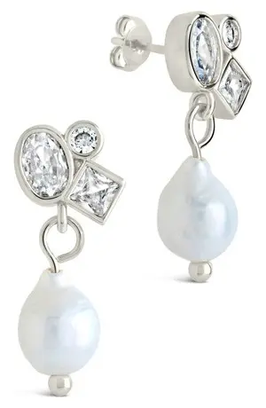 Sterling Forever Cubic Zirconia Cluster & Freshwater Pearl Drop Earrings - Silver