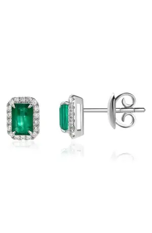 VALANI ATELIER Emerald & Diamond Halo Stud Earrings - 14k White Gold