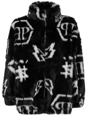 Philipp Plein Monogram-print Faux Fur Coat - Black