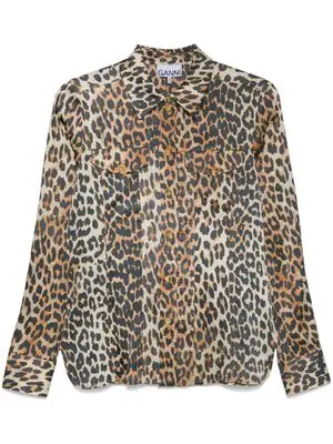 GANNI Leopard-print Satin Shirt - Brown