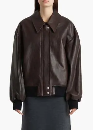 Khaite Shelman Leather Bomber Jacket - Dark Brown