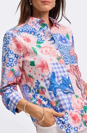 Foxcroft June Mixed Print Cotton Button-up Shirt
