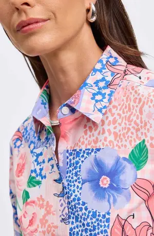 Foxcroft June Mixed Print Cotton Button-up Shirt