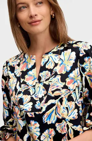 Foxcroft Alicia Floral Cotton Popover Top - Black Multi