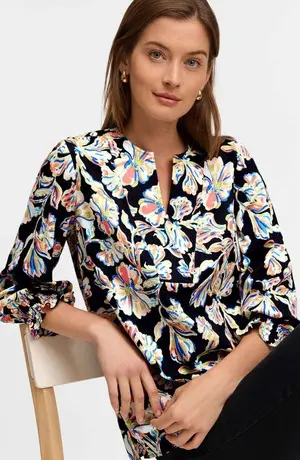 Foxcroft Alicia Floral Cotton Popover Top - Black Multi