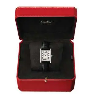 Cartier Stainless Steel Tank Must Watch With Leather Strap - Silver