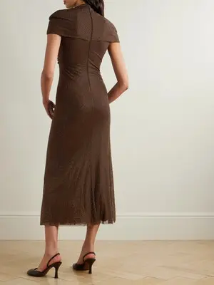 self portrait crystal embellished ruched cutout stretch mesh midi dress Self-Portrait Crystal-Embellished Ruched Cutout Midi Dress - Brown - 50%  Off