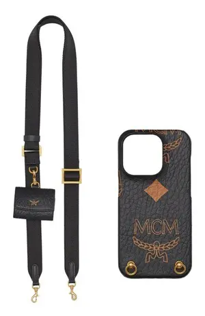 Mcm Iphone 15 Pro Case W/ Airpods Pro Charm In Maxi Visetos