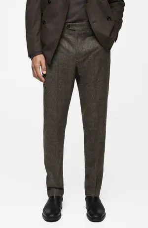 Mango Pleated Houndstooth Virgin Wool Blend Trousers