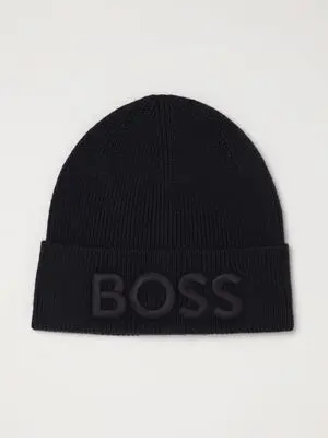 BOSS Ribbed Wool-blend Knit Beanie Hat With Embroidered Logo - Blue