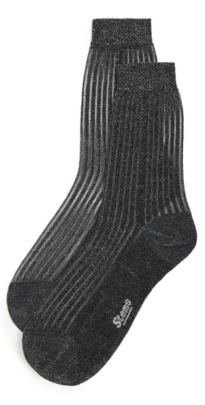 STEMS Fine Ribbed Metallic Crew Socks - Black