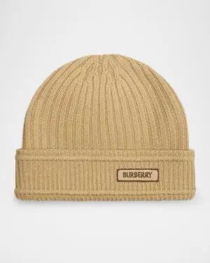 Burberry Ribbed Wool Logo Beanie Hat - Sand